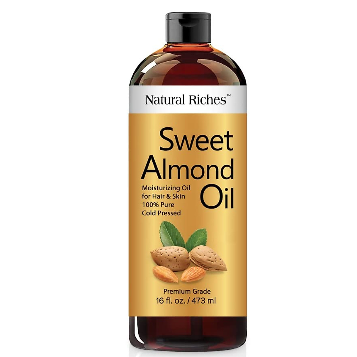 Natural Riches Sweet Almond Oil Cold Pressed, Triple A Grade, Pure and Natural Hexane free Soothing Vitamin E Oil for Skin, Facial Polish, Full Body Massages, Made in USA 16 FL oz.