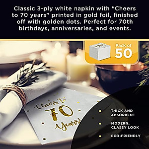 Cheers to 70 Years Cocktail Napkins | Happy 70th Birthday Decorations for Men and Women and Wedding Anniversary Party Decorations | 50-Pack 3-Ply Napkins | 5 x 5 inch folded (White)