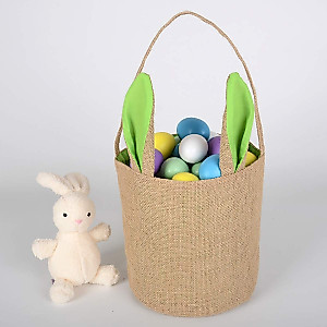 KEFAN 3 Pack Easter Bunny Baskets Jute Burlap Easter Bags with Ears Stand Up 8 x 8 x 9 Inch