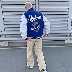 Creaion Men's Varsity Jackets Letterman Jacket Baseball Football Jacket Racer Jacket Y2K Blue and White Jacket Men Bomber Jacket