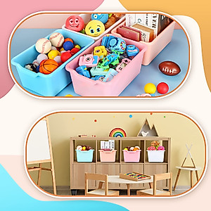 Dandat 16 Pcs Cubby Bins Plastic Books Bins Bulk Scoop Front Classroom Cubby Organization Stackable Toy Storage Tubs Containers for Classroom Office Home(11.42 x 7.87 x 5.12 Inch)