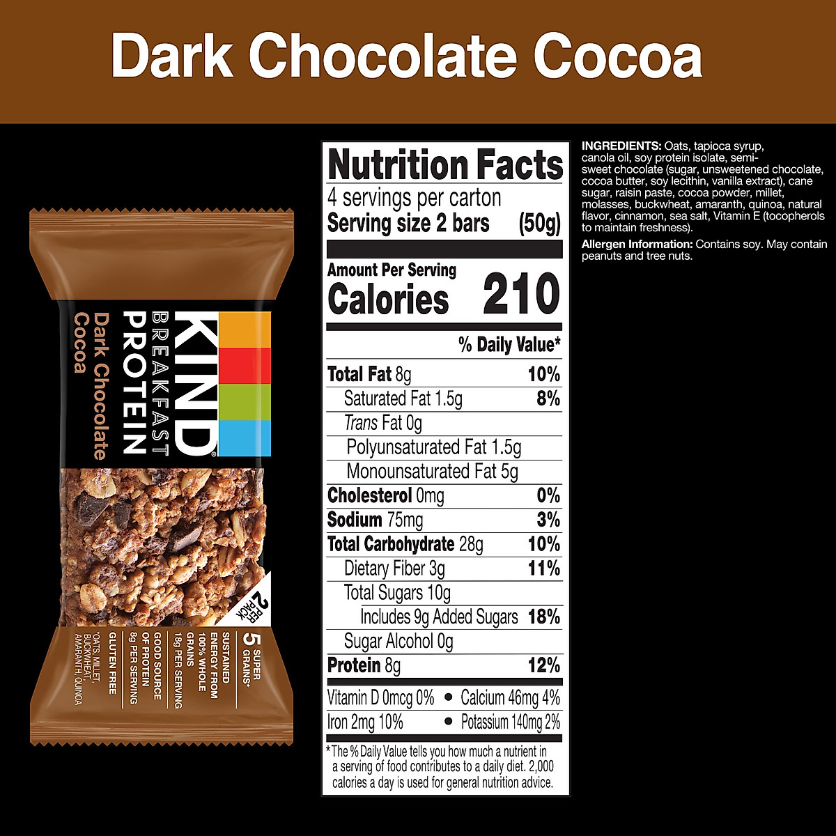 KIND Breakfast Protein Bars, Dark Chocolate Cocoa, Healthy Snacks, Gluten Free, 8g Protein, 32 Count