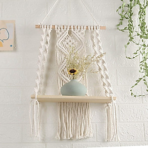 JnnRain Macrame Shelf Macrame Wall Hanging Shelf Beige Macrame Hanging Shelves White Macrame Wall Shelf Decor Plants Wall Shelf Home Decor