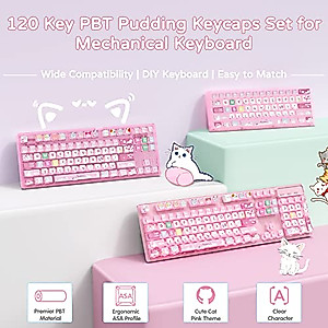120 Key PBT Pudding Keycap Set ASA Profile with Transluscent PC Layer Dye-Sub Cute Cat Theme for 61/84/87/98/100/104Key TKL Cherry MX Gateron Kailh Cross Type Switch ANSI Mechanical Keyboard DIY(Pink)