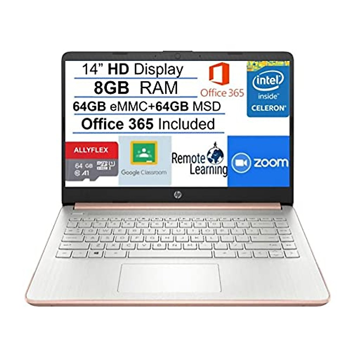 hp Newest Stream 14" HD SVA Laptop Computer, Intel Celeron N4000 Processor, 8GB RAM, 128GB Space(64GB eMMC+64GB MSD), Office 365, HDMI, USB-C, Windows 10, Rose Gold, AllyFlex MP, Online Class