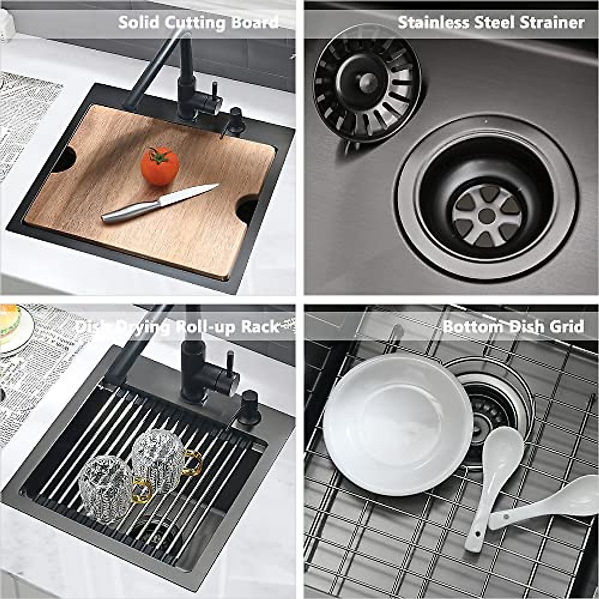 18 Inch Black Bar Sink Drop In Workstation-VASOYO 18x18 Drop In Bar Sink Black Stainless Steel Bar Prep Sink Topmount Outdoor Rv Kitchen Sink Single Bow Wet Bar Sink with Cutting Board