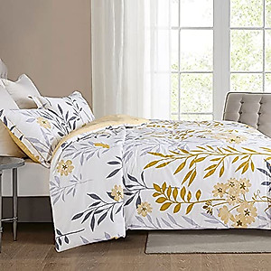 SLEEPBELLA Comforter Queen Size, 600 Thread Count Cotton Grey Branch with Yellow Flower & Grey Leaves Pattern Orange Reversible Comforter Set,Down Alternative Bedding Set 3Pcs(Queen, Yellow Botanical)
