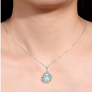 Rylos Sterling Silver Princess Diana Inspired Necklace: 9X7MM Aquamarine & Sparkling Diamonds - 18" Chain Exquisite Birthstone Jewelry