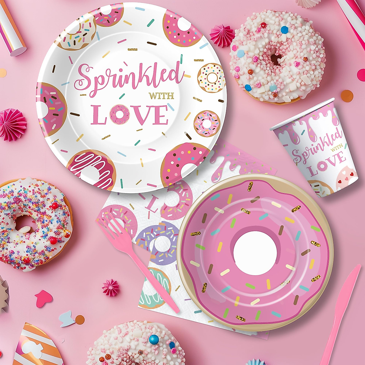 Suhelkit Donut Baby Sprinkle Decorations Tableware Girl - Sprinkled with Love Baby Shower Decorations Party Supplies, Paper Plate, Napkin, Cup, Fork, Pink Donut Baby Shower Decorations | 24 Guests