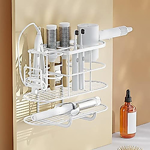dpityserensio Hair Dryer Holder, Hair Tool Organizer, Wall Mount Metal Iron Blow Dryer Organizer, Bathroom Organizer Rack, Storage Basket for Comb, Curling Wands, Flat Irons (white)