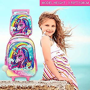 TXHVO 3PCS Rolling Backpack for Girls, Kids Rainbow Unicorn Bookbag with Roller Wheels, Cute Suitcase School Bag Set for Elementary Toddler