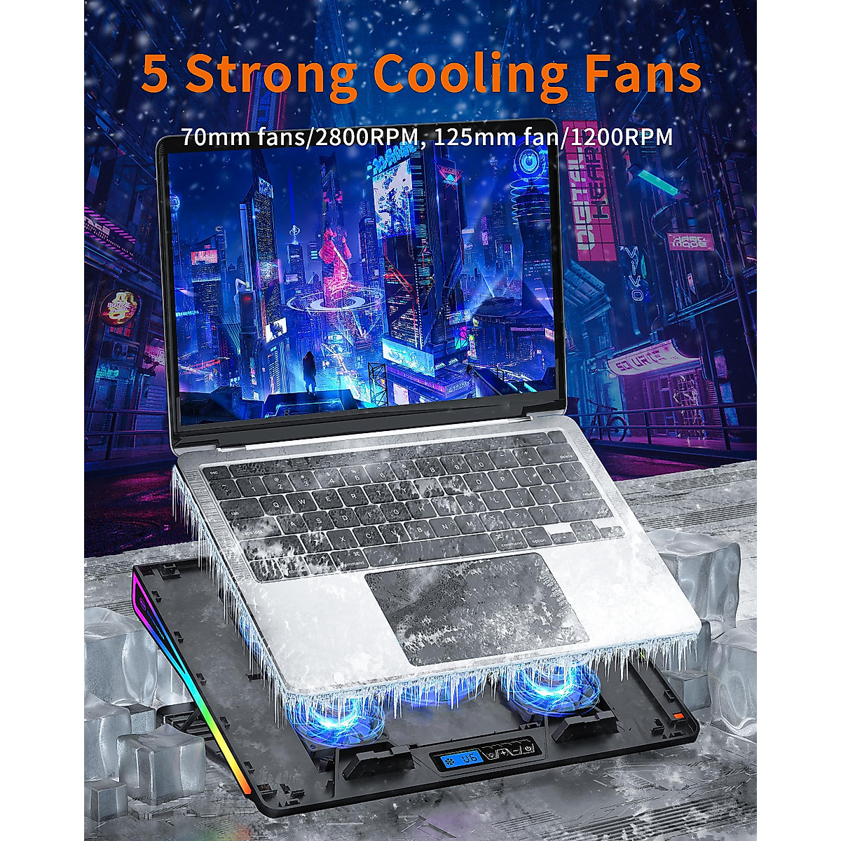 AICHESON Gaming Laptop Cooling Pad, RGB Lights Computer Cooler Stand, 5 Quiet Fans for 15.6-18 Inch Laptops, PC Notebook Heat Dissipation, AA2