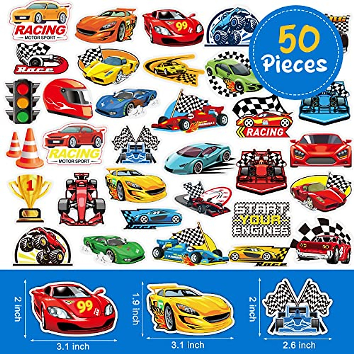 98 PCS Race Cars Party Favor Supplies Kit Racecar Birthday Themed Decoration Set with Mini Race Cars Toys Cartoon Transportation Stickers Keychain Wristband Bracelet Badge Pack for Boys Girls