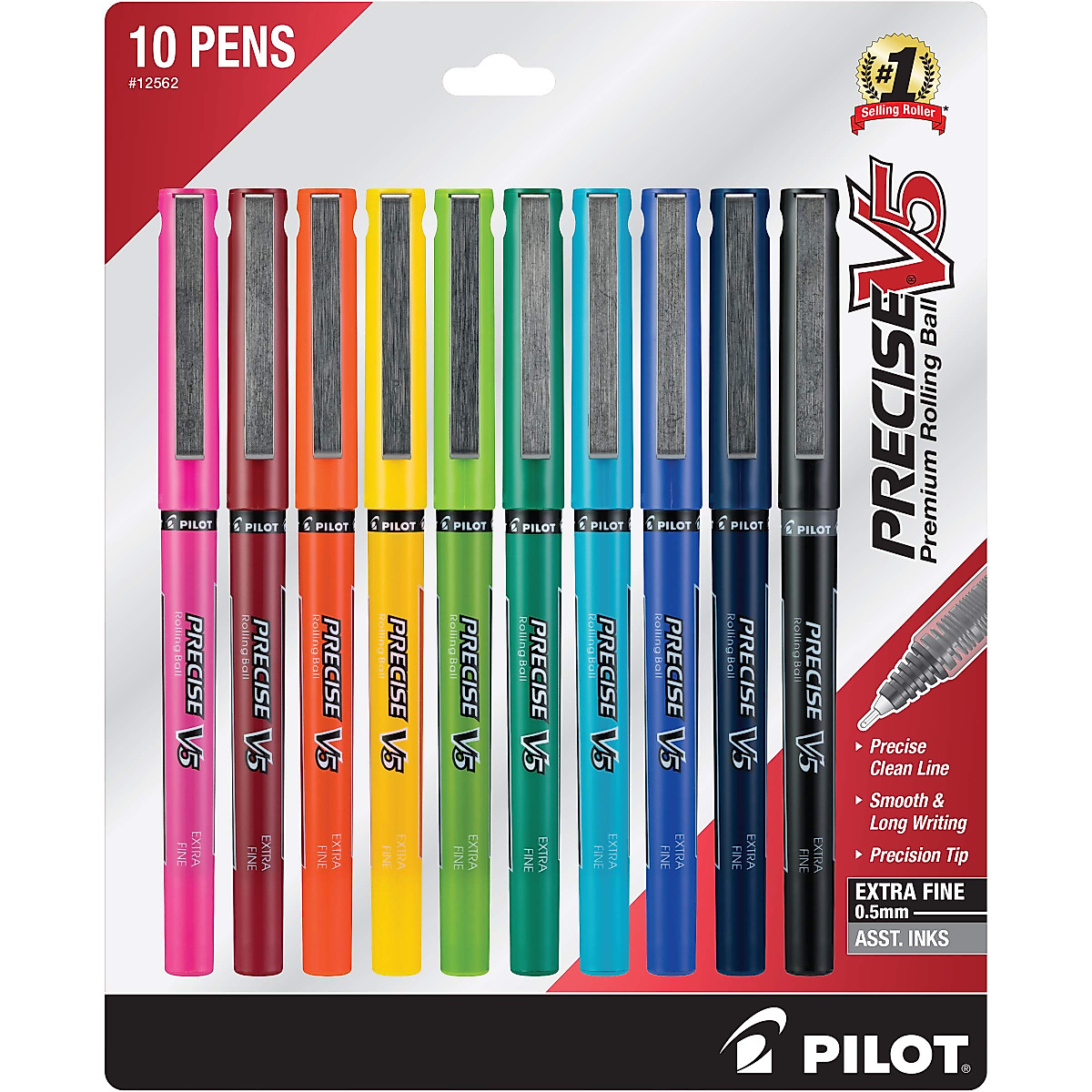 PILOT Precise V5 Stick Liquid Ink Rolling Ball Stick Pens, Extra Fine Point Assorted Ink Colors, 0.5mm (Pack of 10)