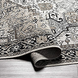 Hauteloom Cabacungan Traditional Persian Medallion Living Room Bedroom Area Rug - Machine Washable Distressed Carpet - Bohemian Oriental - Easy to Clean - Black, Grey, Beige - 9'3" x 12'