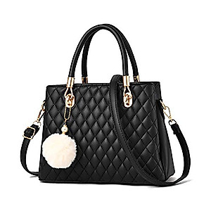 Womens Leather Handbag Purses Top Handle Quilted Shoulder Bag Totes Satchel for Ladies with Pompon