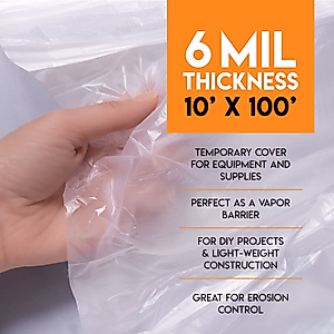 Clear Poly Sheeting - Heavy Duty, 6 Mil Thick Plastic Tarp – Waterproof Vapor and Dust Protective Equipment Cover, Construction and Industrial Use (10' x 100')