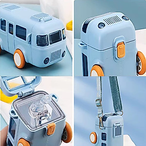 Funny Cartoon Car Kids Water Bottle with Straw 17.6oz No Leak Large Cute Cartoon Car Water Bottles Sports Plastic Portable Drinking Bottle with Adjustable Shoulder Strap for Girls Boys School- blue