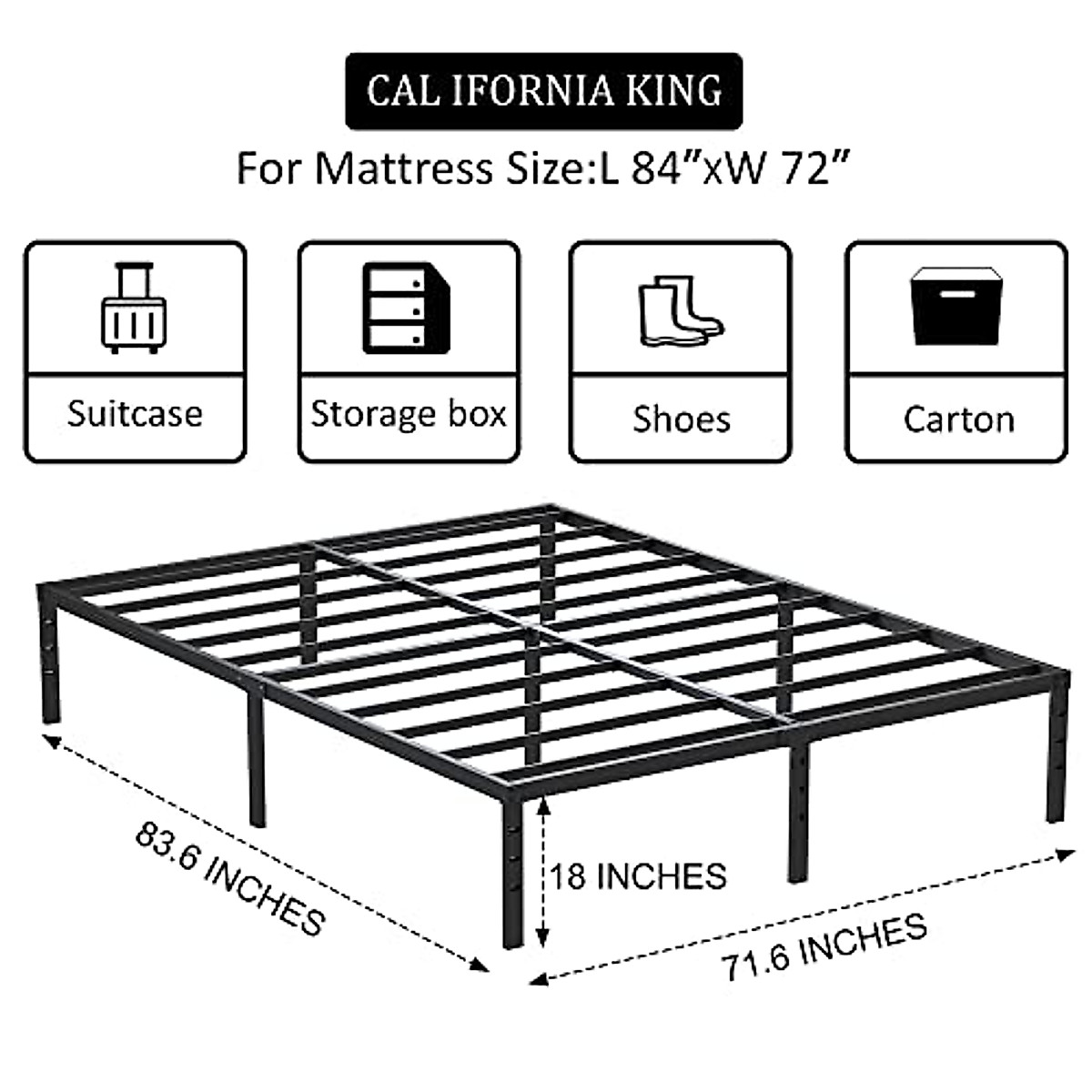 ALDRICH 18 Inch Metal California King Size Bed Frame - Black Basic Anti Squeak Steel Slats Cali Platform, Easy Assembly Heavy Duty Noise Free Cal Bedframes, No Box Spring Needed