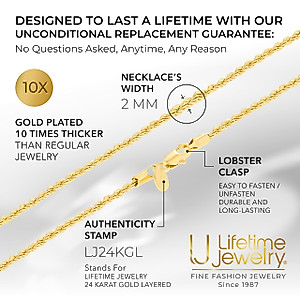 LIFETIME JEWELRY 2mm Gold Rope Chain for Men & Women 24k Real Gold Plated Diamond Cut Gold Necklace for Women & Necklace for Men 14 to 36 Inch | Gold | White Gold (16 inches, Gold)