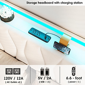 Queen Size Lift Up Storage Bed Frame with Adjustable Headboard, Charging Station, LED Lights, Wood Slats, Noise-Free, No Box Spring Needed, Beige