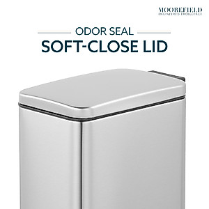 Moorefield Premium Stainless Steel Bathroom Wastebin, Rectangular Slim Design Trash Can, 1.6 Gallon Garbage Capacity, Step On Pedal, Slow Close Lid, Recessed Plastic Liner (Brushed Stainless Steel)