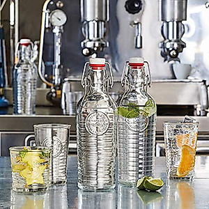 Bormioli Rocco Officina Water Glasses – Set Of 4 Clear Drinking Tumblers With Textured Ring Design & Vintage Stamp Logo – 11oz High Capacity Tall Cups For Soda, Juice, Milk, Coke, Beer, Spirits
