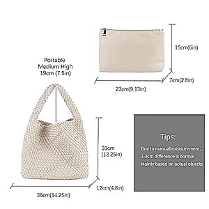 LMKIDS Women Vegan Leather Hand-Woven Tote Handbag Fashion Shoulder Top-handle Bag All-Match Underarm Bag with Purse (Beige)