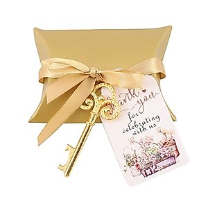 50pcs Wedding Favor, Vintage Skeleton Key Bottle Openers Bridal Shower Favors Wedding Gifts For Guests Favors Wedding Souvenirs Candy Box Escort Tags French Ribbon(Gold)