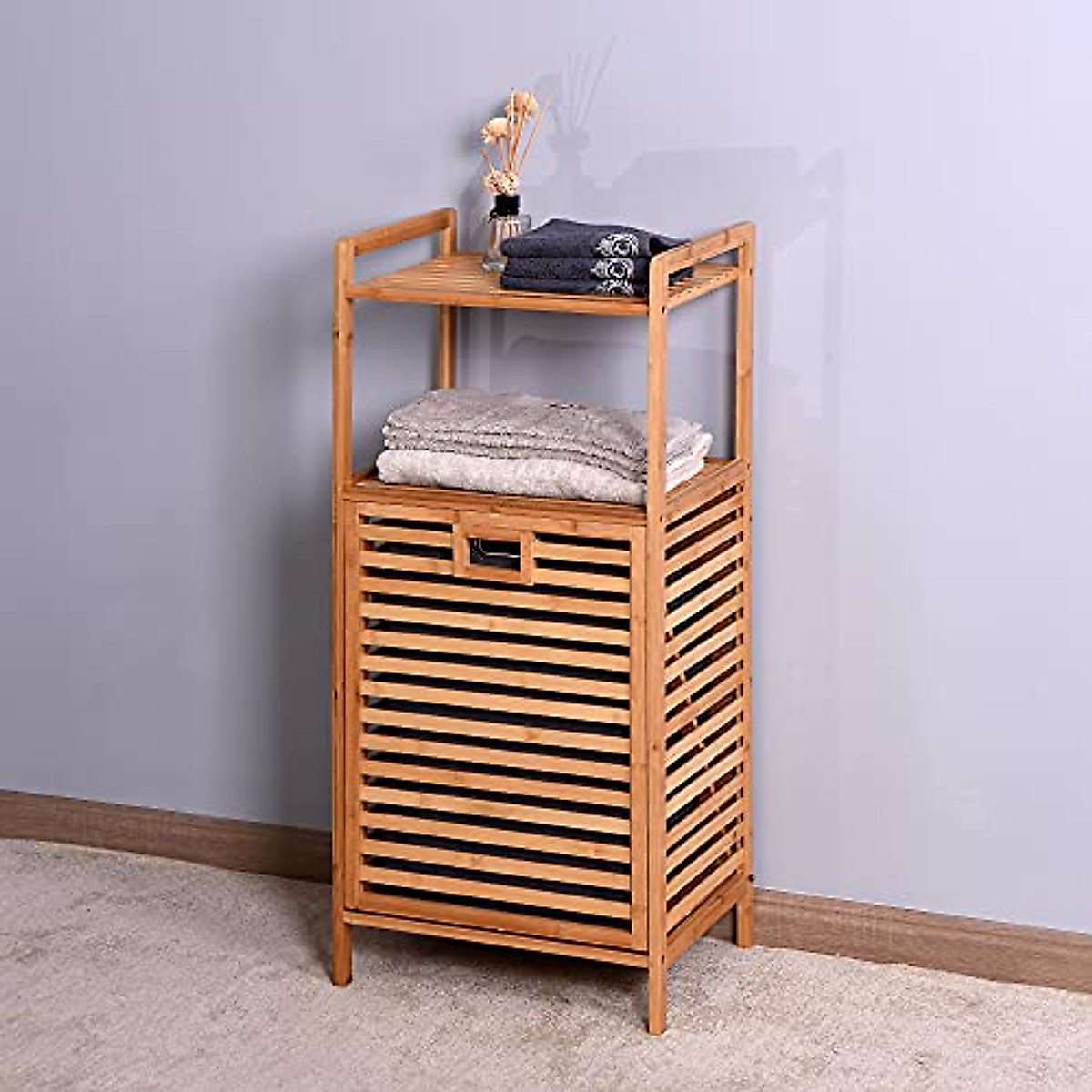 Tilt Out Laundry Hamper Cabinet with 2-Tier Storage Shelves, Removable Clothes Basket with Easy Carry, Bamboo Tower Hamper Organizer for Bathroom, Bedroom, Laundry Room, Closet, Nursery