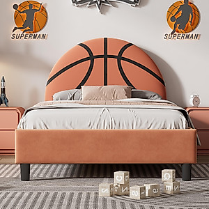 SOFTSEA Twin Size Bed Frame for Kids, Twin Size Sport Style Bed Frame for Boys, Basketball Shaped Bed Wood Platform Bed Frame, Upholstered Twin Bed Frames for Kids, No Box Spring Needed, Orange