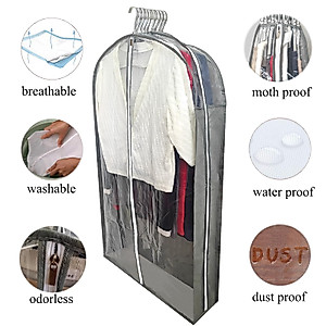 Garment Bags for Hanging Clothes with 6.3" Gusset, 40" Suit Bags for Closet Storage, Clear Moth Proof Suits Covers and Side Zipper Protector for Jacket, Coat, Sweater, Shirts, Clothing, Grey/3 Packs