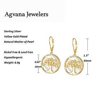 Agvana Tree of Life Earrings for Women Gold Plated Sterling Silver Genuine Mother of Pearl Family Tree Dangle Earrings Anniversary Jewelry Birthday Gifts for Women Mom Wife Her