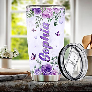 WONWIX Personalized Purple Butterfly Coffee Mugs For Girls Mom Women Adults Butterflies Lovers Water Bottle Travel Mug Mothers Day Birthday Christmas Valentine 20oz Stainless Steel Cup With Lid