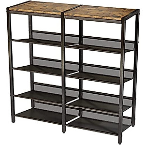 AWQM 5 Tier Shoe Rack Organizer,Industrial Closet organizer,Holds 12-15 Pairs of Shoes,Stackable Shoe Shelf with 4 Metal Mesh Shelves /Wood Tabletop,Coset Shelf for Entryway, Hallway, Closet, Brown