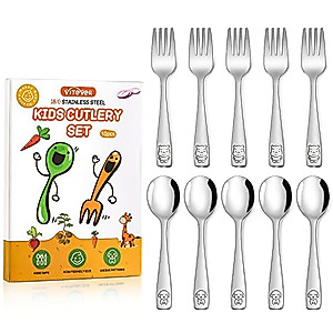 VITEVER 10-Piece Toddler Utensils, Kids Stainless Steel Silverware Set, Children Safe Forks and Spoons - Mirror Polished, Dishwasher Safe