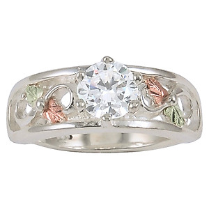 Black Hills Gold on Silver round 6 MM Cubic Zirconia Ring with 12k Gold Leaves