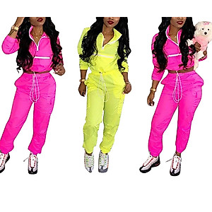 EOSIEDUR Women 2 Piece Outfits Tracksuit Jumpsuits Lightweight Windbreaker Pullover Jacket Crop Top Pants Set Large 8-10 Rose Pink
