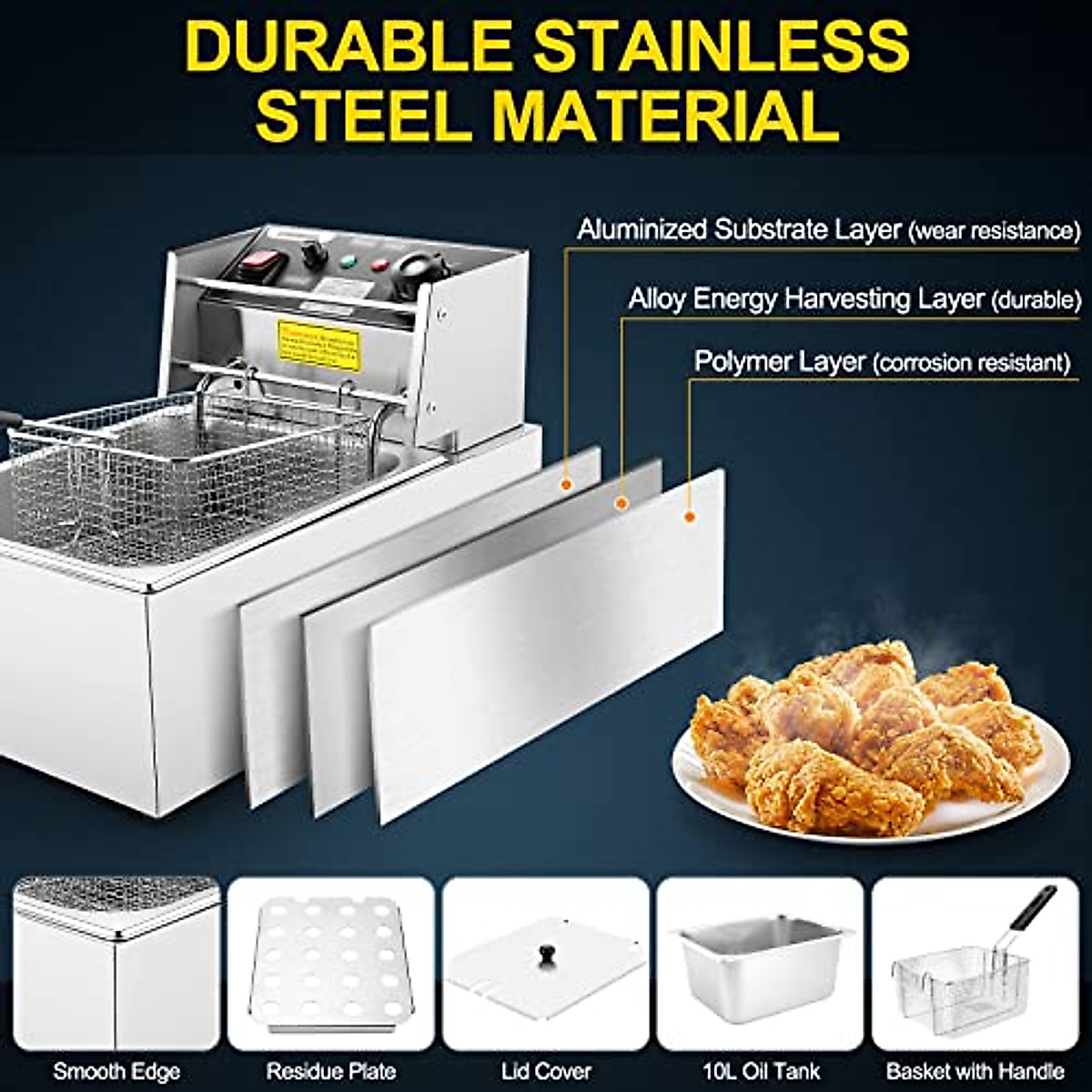 Deep Fryer with Removable Basket and Lid, 1500W 6.34QT Electric Fryers, Stainless Steel Countertop Oil Fryer for Home Kitchen Restaurant, Ideal for French Fries, Fish, Chicken, Wings