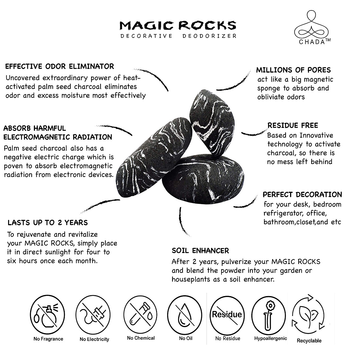Chada Magic Rocks : Charcoal Air Freshener, No Chemicals,100% Activated Tropical Charcoal, Fragrance-Free Deodorizer, Natural Room Odor Eliminator, Air Purifier, Neutralizer,Absorb Smoke Smell,1x180g