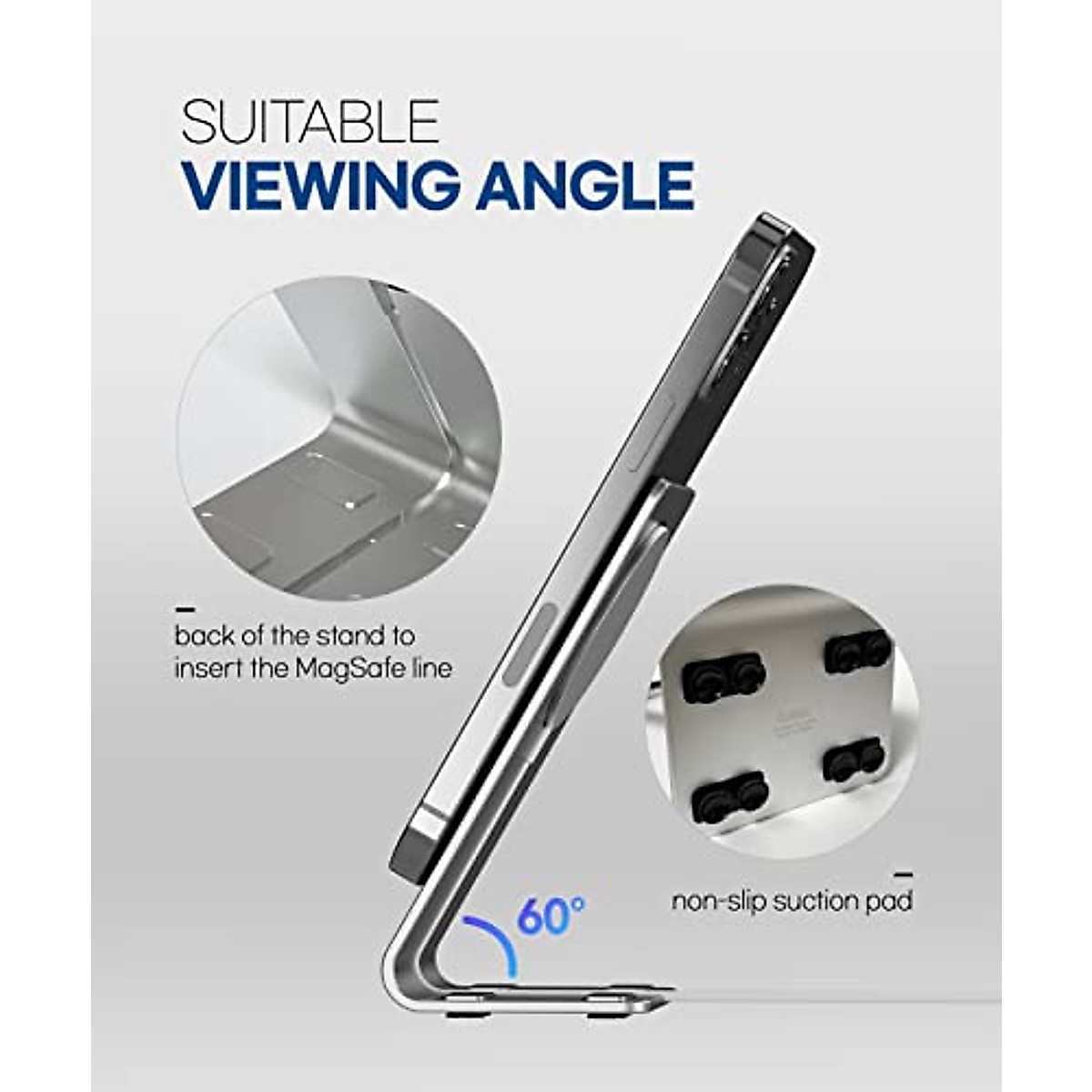 iLakia Cell Phone Stand for MagSafe Charger, Aluminum Charging Holder Dock Cradle for Desk, Mag-Safe Accessories Compatible with iPhone 14 13 12 Model Series, Silver Color (MagSafe Not Included)