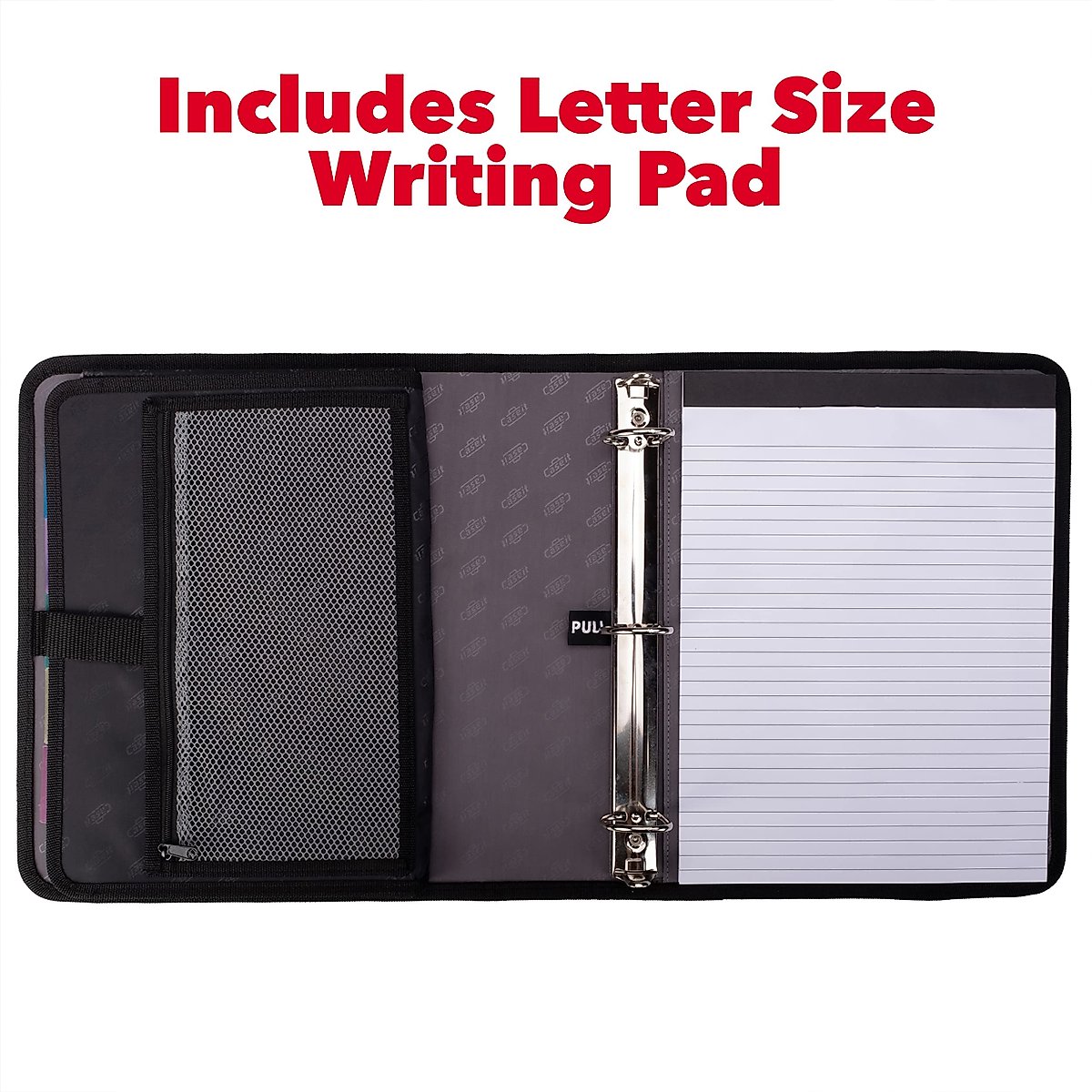 Case-it Padfolio with 1" Removable O-Ring Binder, with 5-Color Tabbed Expanding File Folder, Mesh Pockets, Pen Loops, Secure Elastic Strap Closure, Slim-700-FN, Black