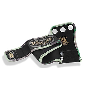 ROBUST FITNESS Genuine Leather Hand Grips for Gymnastics & Cross-Training, Pull-ups, Weightlifting, WODs with Neoprene Wrist warps. Palm Shield from Rips & Blisters. (Camouflage, Medium)