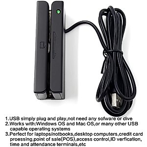 Magnetic Stripe Card Reader USB 3-Track POS Credit Card Reader Swiper Magstripe Swipe Card Reader Membership Card Gift Card Reader Access Control Card Reader Writer
