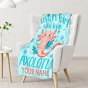Personalized Axolotl Blanket Gifts with Name - 40x50 Inches Cute Throw Blanket for Girls - Blue Soft Fuzzy Blankets for Bed, Couch & Living Room