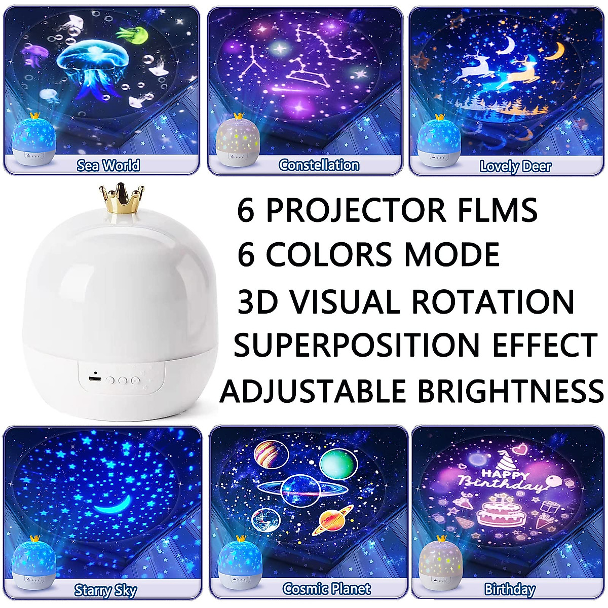 Star Projector Night Light for Kids, 2 in 1 Projector and Night Light for Kids Room,360° Rotation Ocean Galaxy Projector for Children Baby Nursery Toys Birthday （6 Films
