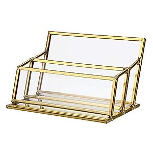 Hipiwe 2 Slots Glass Business Card Holder Stand - Gold Metal Frame Name Card Display Stand Business Name Card Organizer for Office Tabletop,Fits 80-100 Business Cards