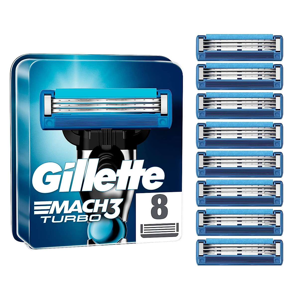 Gillette Mach3 Turbo Razor Blades Men, Pack of 8 Razor Blade Refills, Stronger Than Steel Blades, Enhanced Lubrastrip