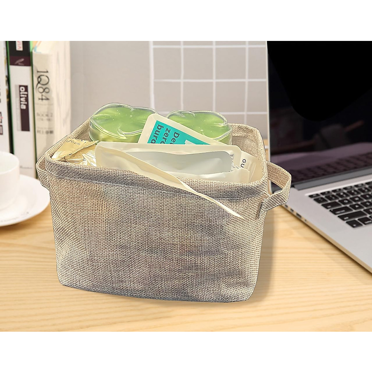 AARAINBOW Storage Basket Bins Canvas Mini Storage Cubes Storage Basket for Makeup, Baby Toys Liners, Books Nursery Storage Baskets with Handles for Shelves & Desks(3 Jute)