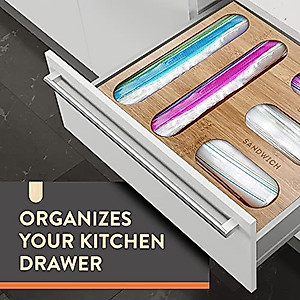 Catjo Bamboo Ziplock Bag Organizer for Drawer - 5 in 1 Food Storage Bag Organizer for Gallon, Quart, Sandwich and Snack - Small Variety Sized Plastic Ziplock Bag Container Organizer